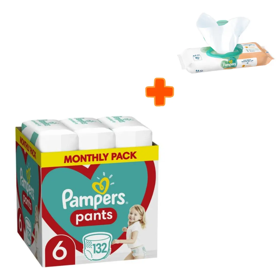 PAMPERS Pelene Monthly pack Pants S6 MSB, 132 komada + Maramice Harmonie neven, 44 komada