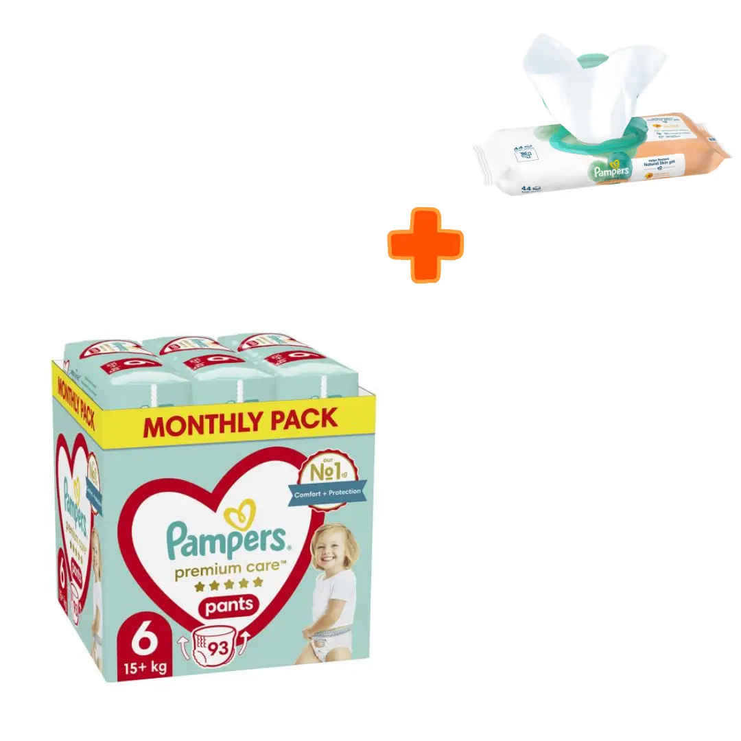 PAMPERS Pelene Premium Pants Monthly, Veličina 6, pakovanje od 93 komada + Maramice Harmonie neven, 44 komada