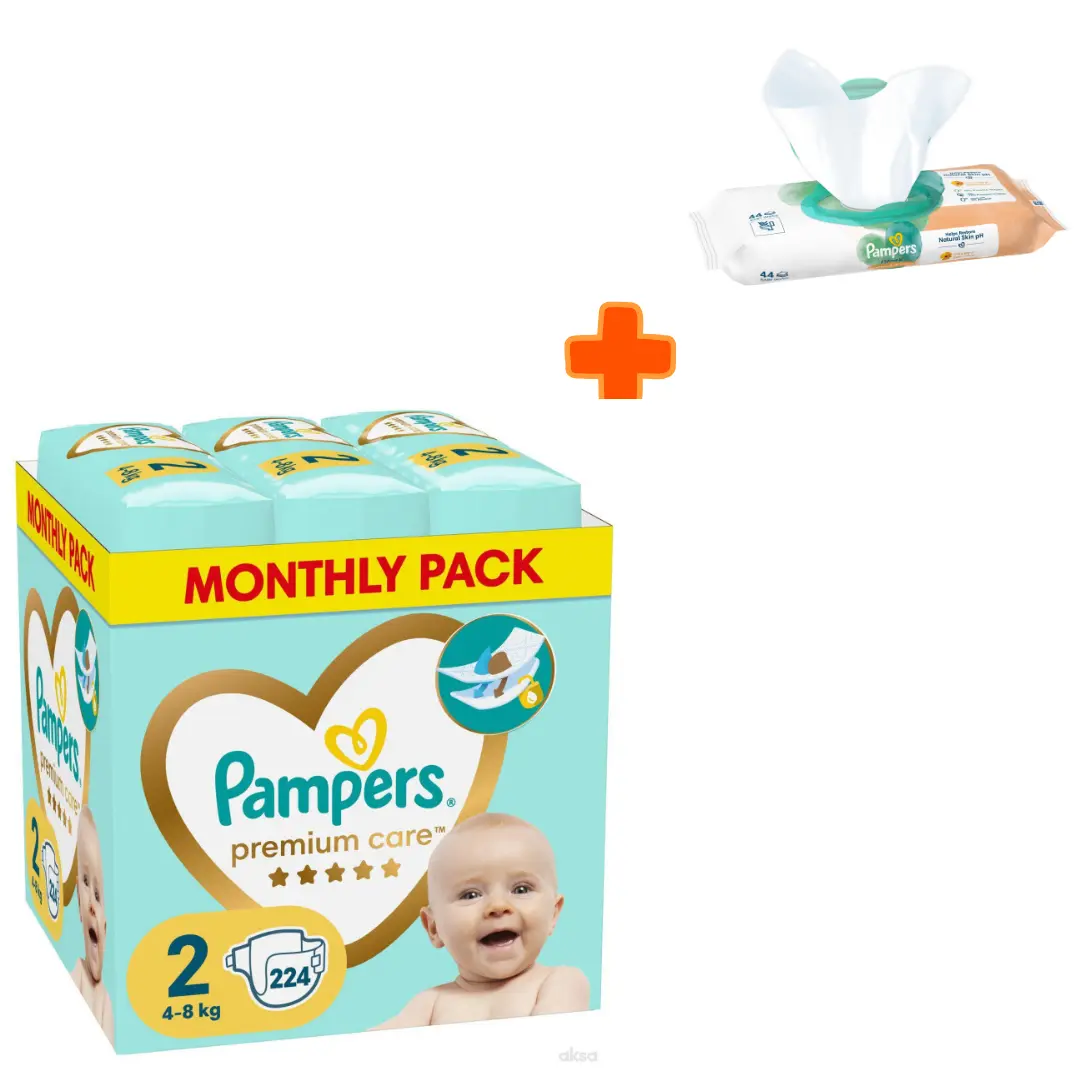 PAMPERS Pelene Monthly pack Premium S2 MSB, 224 komada + Maramice Harmonie neven, 44 komada