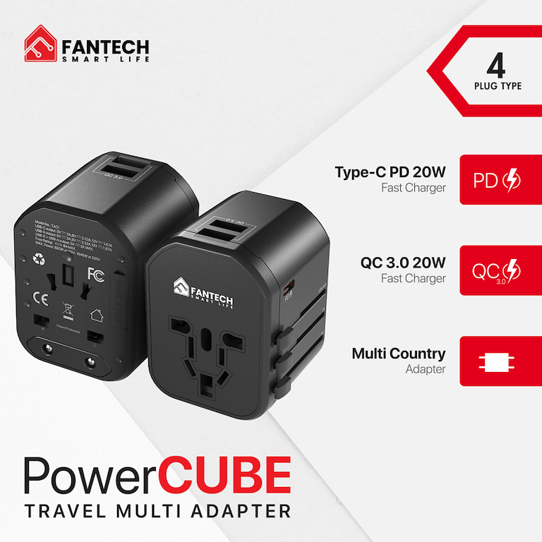 UNIVERZALNI MULTI ADAPTER FANTECH TAC1 POWER CUBE 20W, PD, QC 3.0, 20W, CRNI