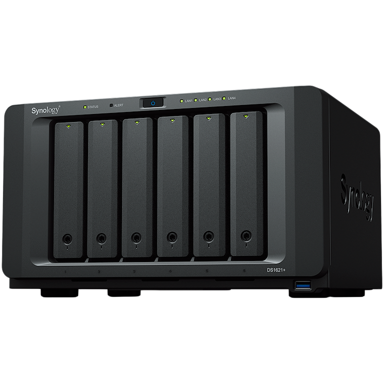 Synology DiskStation DS1621+,Tower,6-Bay 3.5'' SATA HDD/SSD, 2 x M.2 2280 NVMe SSD, CPU AMD Ryzen Quad-Core 2.2 GHz, 4 GB DDR4, 4 x RJ-45 1 GbE LAN, 3 x USB 3.0, 2 x eSATA (Expandable to 16 Bays w...