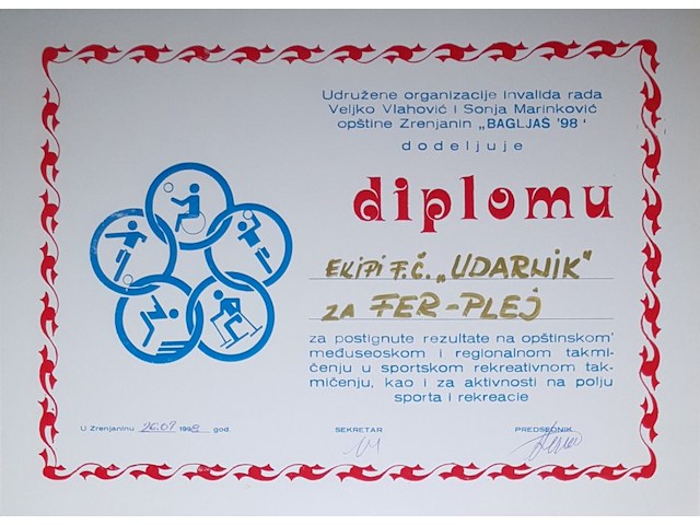 Diploma FČ `UDARNIK` Zrenjanin Jugoslavija