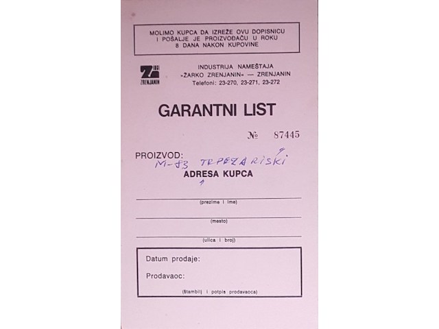 Garantni List `ŽARKO ZRENJANIN` Zrenjanin Jugoslavija