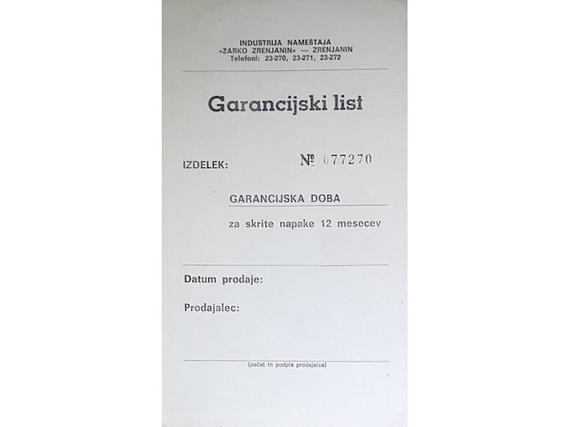 Garantni List `ŽARKO ZRENJANIN` Zrenjanin Jugoslavija