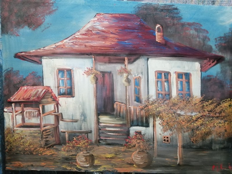 Stara kuca pisca Bore Stankovica 70x50cm ulje na platnu