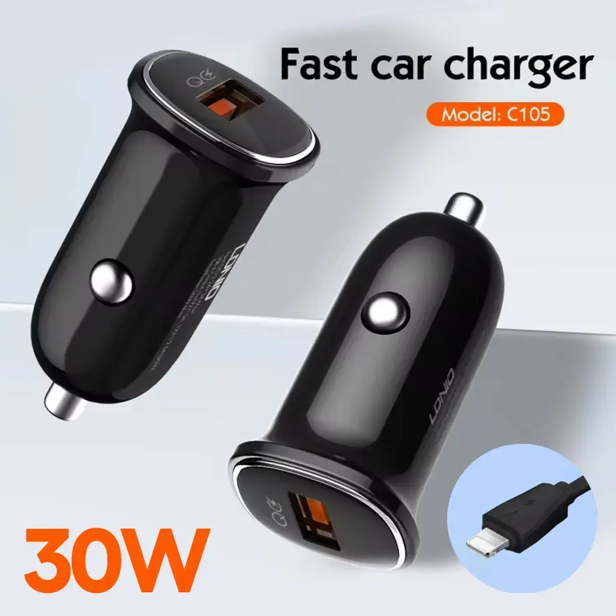 Auto punjač LDNIO C105, QC3.0, 30W USB Lightning, Crni