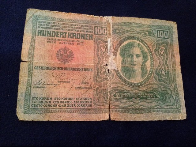 100 kruna,AU,1912,slabo stanje.