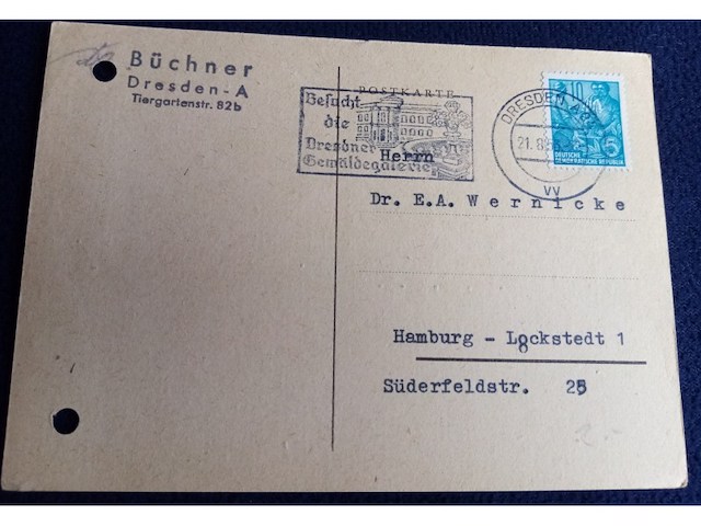 Dresden-Hamburg,Dopisnica,DDR,1956