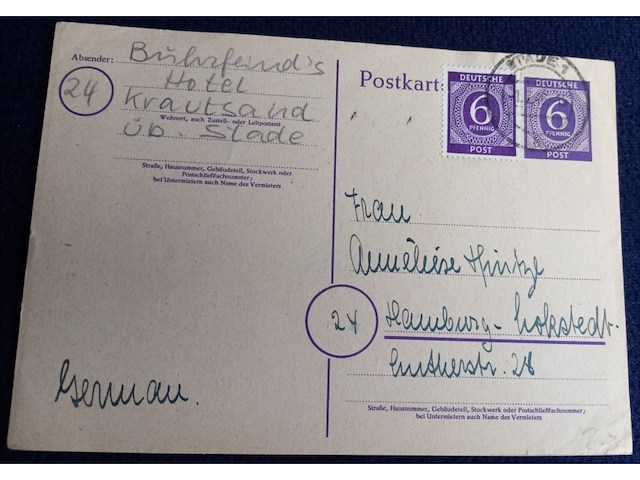 Stade-Hamburg,Deutsche Post,dopisnica,1946.