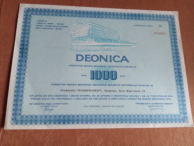 Kreditna Banka Beograd,deonica na 1000 din.1990