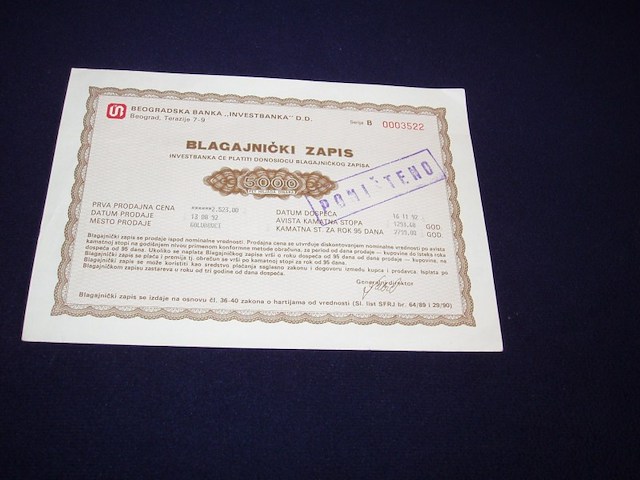 Blagajnički zapis Investbanke na 5000 din.1992
