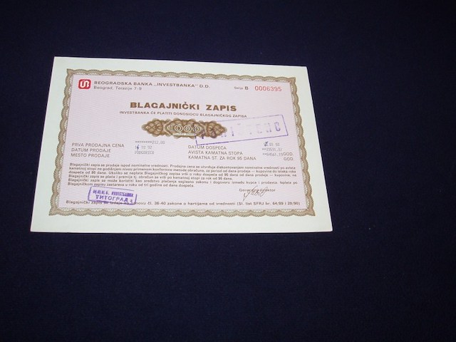 Blagajnički zapis Invest Banke na 1000 din.1992