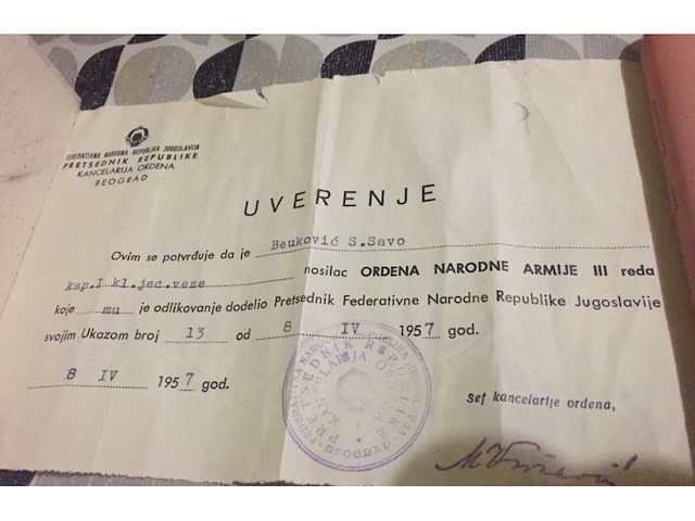 Uverenje za orden narodne armije III reda