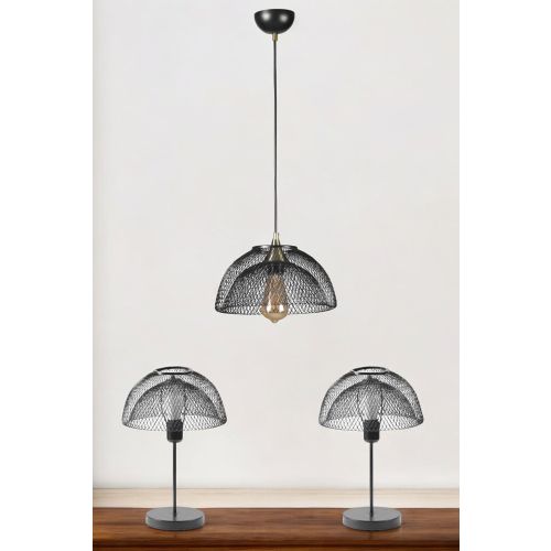 Ufo Avize Abajur 3 Lü Siyah Set Black Chandelier & Table Lamp Set