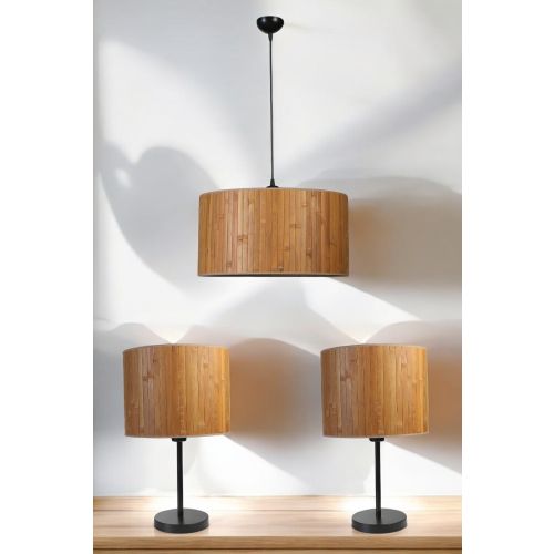 Bambu 01 Abajur Avize 3 Lü Set Wooden Black Chandelier & Table Lamp Set