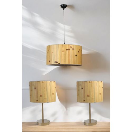 Bambu 02 Abajur Avize 3 Lü Set Wooden Black Chandelier & Table Lamp Set