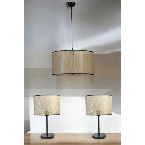 Petek Abajur Avize 3 Lü Set Cream Chandelier & Table Lamp Set