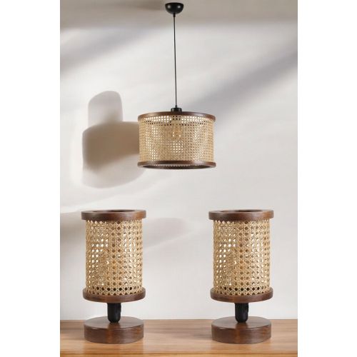 Gizem Abajur Avize 3 Lü Ceviz Set Beige Walnut Chandelier & Table Lamp Set