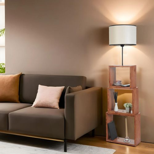 Puzzle Ceviz Lambader Finli Krem Abajurlu Walnut Cream Floor Lamp