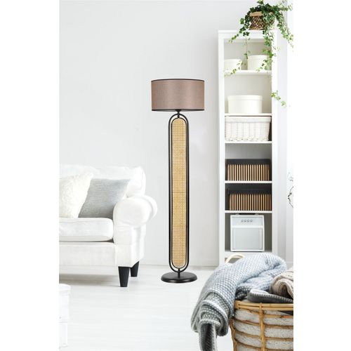 Belinda Siyah Silindir Koyu Hasır Lambader Rattan Walnut Black Floor Lamp