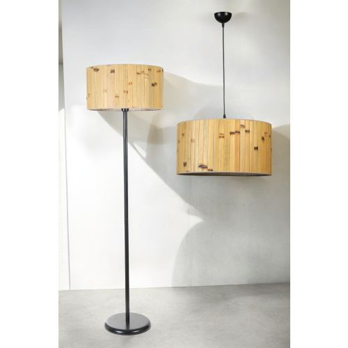 Bambu 02 Avize Lambader 2 Li Set Wooden Black Chandelier & Floor Lamp Set