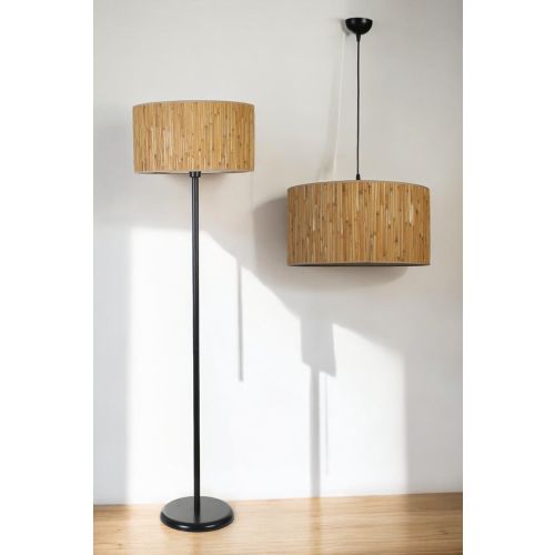 Bambu 07 Avize Lambader Siyah 2 Li Set Beige Chandelier & Floor Lamp Set