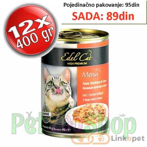 BIG PACK! Edel: Hrana za mačke u konzervi – Tri vrste mesa, 12×400 gr