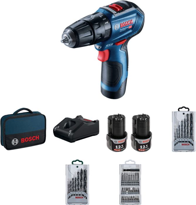 Bosch akumulatorska vibraciona bušilica-odvijač GSB 12V-30 + 39-delni set pribora (06019G9101)