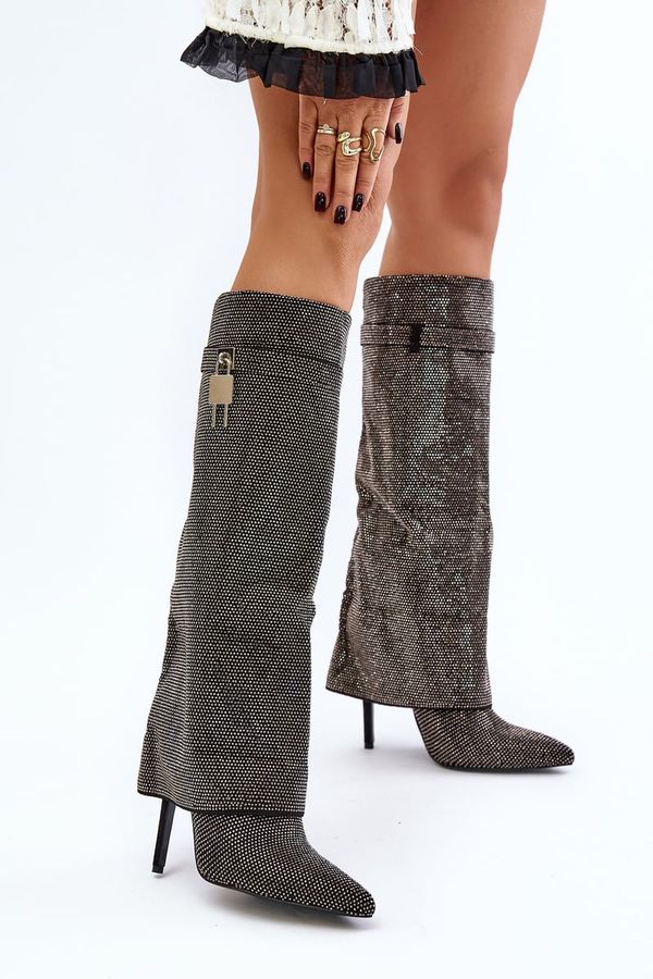 EMBELLISHED STILETTO HEEL SLIP-ON BOOTS WITH A BENT UPPER BLACK ENATHLIN