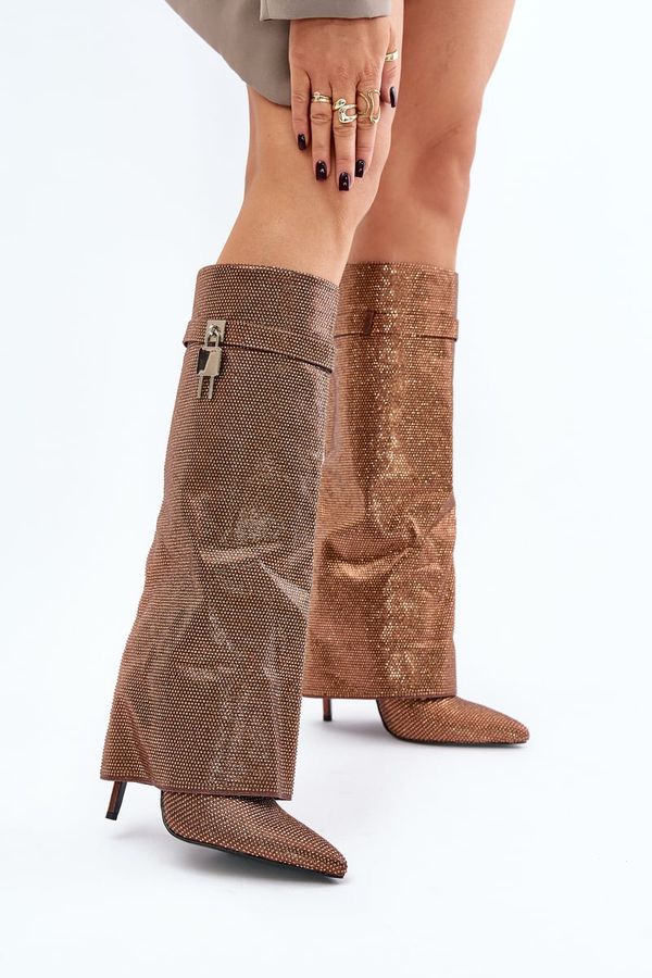 EMBELLISHED STILETTO HEEL SLIP-ON BOOTS WITH A BENT UPPER BROWN ENATHLIN