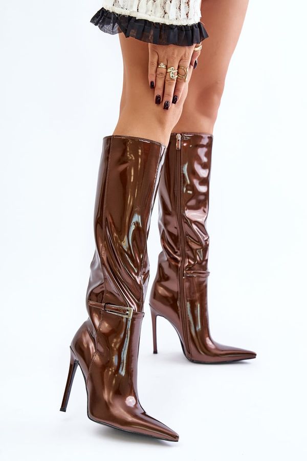 PATENT LEATHER INSULATED STILETTO HEEL BOOTS WITH BUCKLE BROWN TAMELIAE