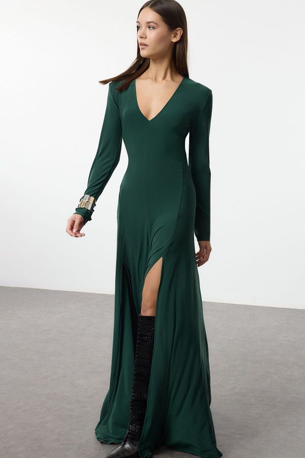 TRENDYOL EMERALD GREEN PLAIN LIMITED EDITION V NECK SKATER/WAIST OPEN STRETCH MAXI KNIT DRESS