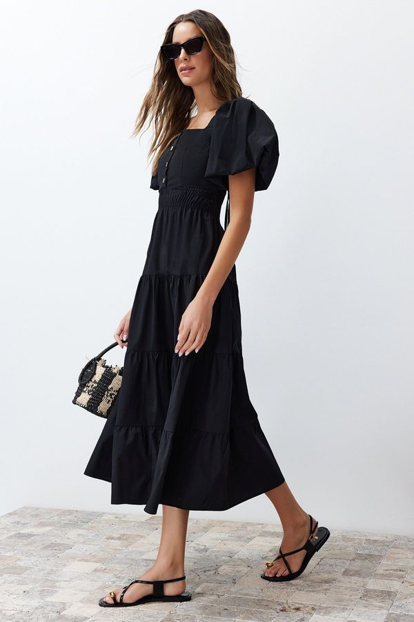 TRENDYOL BLACK WAIST OPENING GIPE AND BACK DETAILED SQUARE COLLAR MAXI WOVEN DRESS