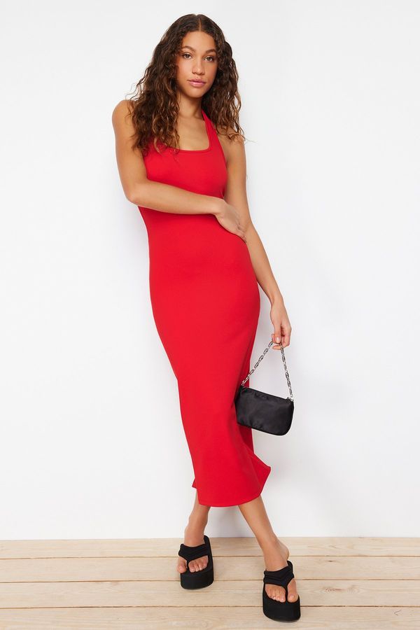 TRENDYOL RED FITTED SQUARE NECK RIBBED STRETCHY KNITTED MAXI PENCIL DRESS