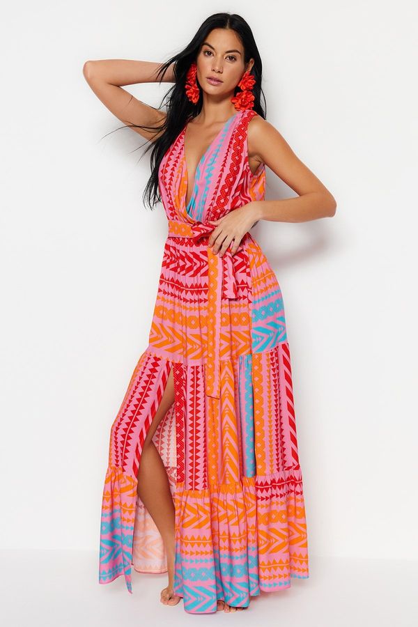 TRENDYOL GEOMETRIC PATTERNED BELTED MAXI WEAVE RUFFLED BEACH DRESS
