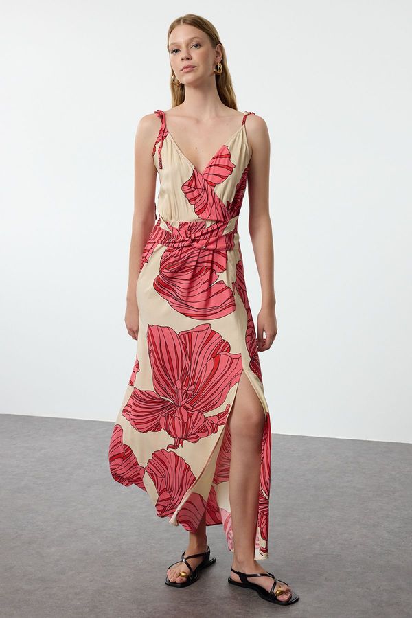 TRENDYOL POMEGRANATE BLOSSOM FLORAL PATTERNED DOUBLE BREASTED SLIT DETAILED MAXI WOVEN DRESS