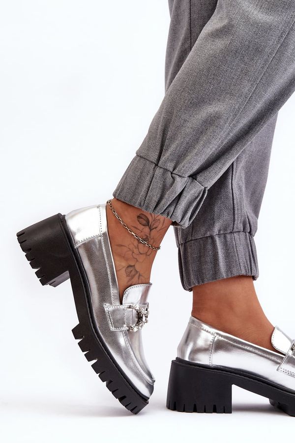 WS1 WOMEN'S LEATHER HALF-BOOTS ON MASSIVE HEEL SILVER LEMMITTY
