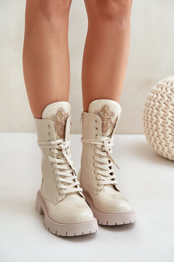 PS1 LACQUERED INSULATED WORKER ANKLE BOOTS WITH DECORATION BEIGE KELILEA