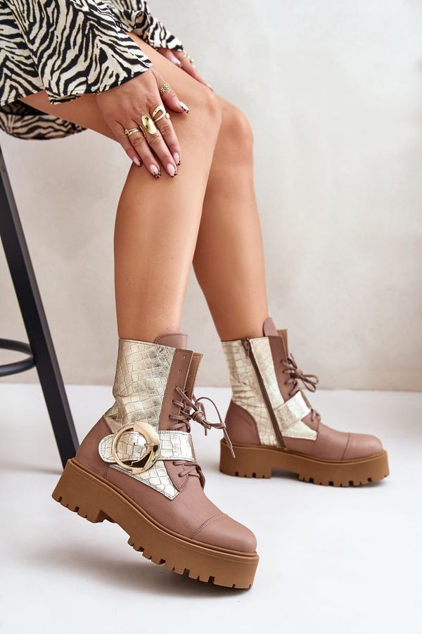 ZAZOO 2942 LEATHER WORKER BOOTS WITH GOLD BUCKLE BEIGE