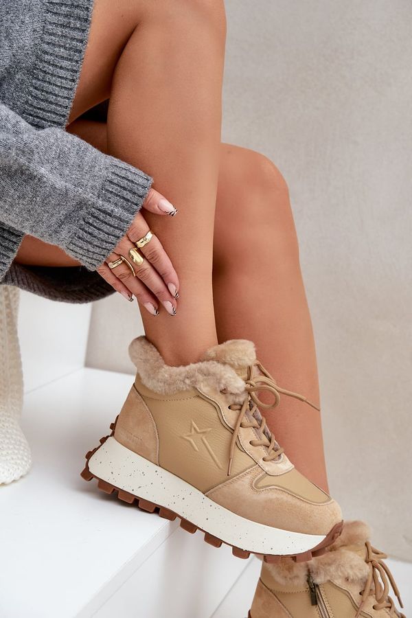 BIG STAR SHOES LEATHER SNEAKERS ANKLE BOOTS FOR WOMEN WITH FUR ON PLATFORM BIG STAR