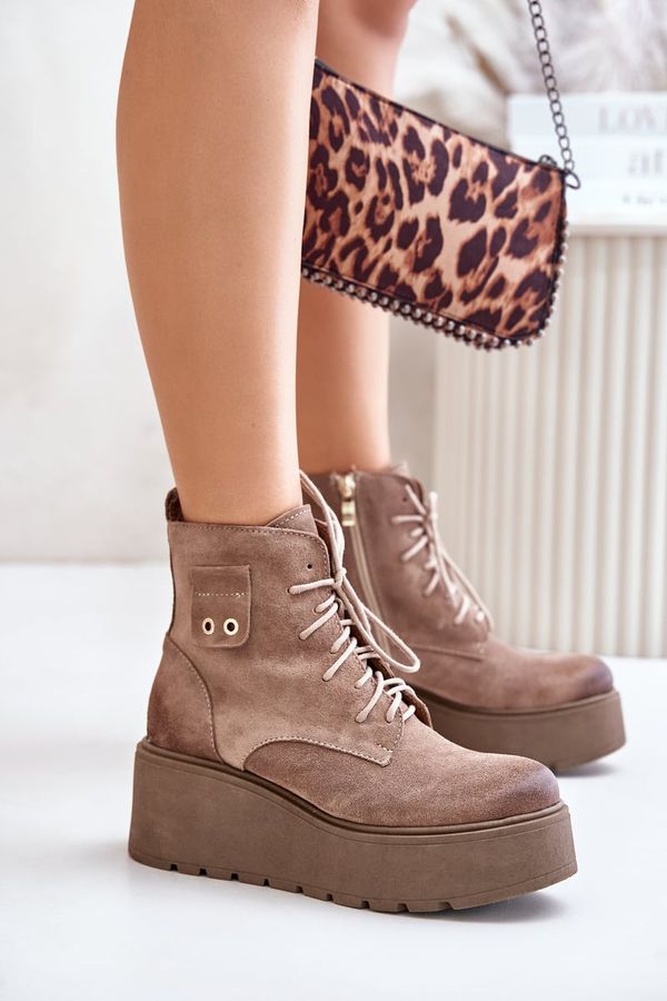 SUEDE WOMEN'S PLATFORM AND WEDGE ANKLE BOOTS INSULATED BEIGE ZAZOO 60499