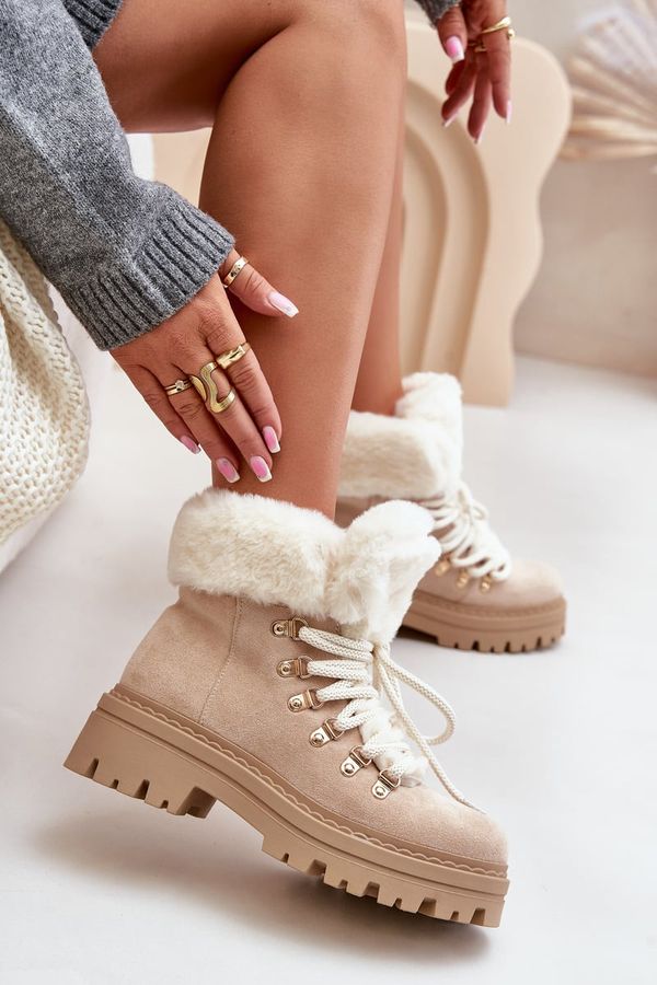 FI1 LACE-UP WOMEN'S ANKLE BOOTS WITH FUR LIGHT BEIGE VAMINIA