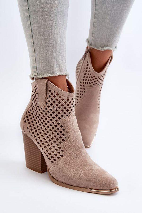 WOMEN'S OPENWORK ECO-SUEDE ANKLE BOOTS WITH HIGH HEELS, BEIGE STARDARA
