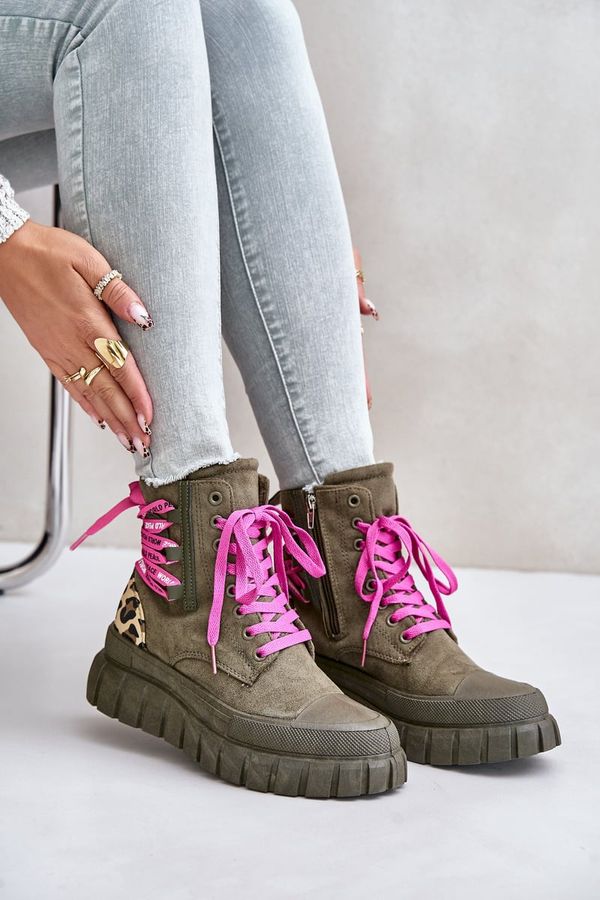 WOMEN'S PLATFORM ANKLE BOOTS WITH LACE UP LEOPARD PATTERN GREEN EDIDDA