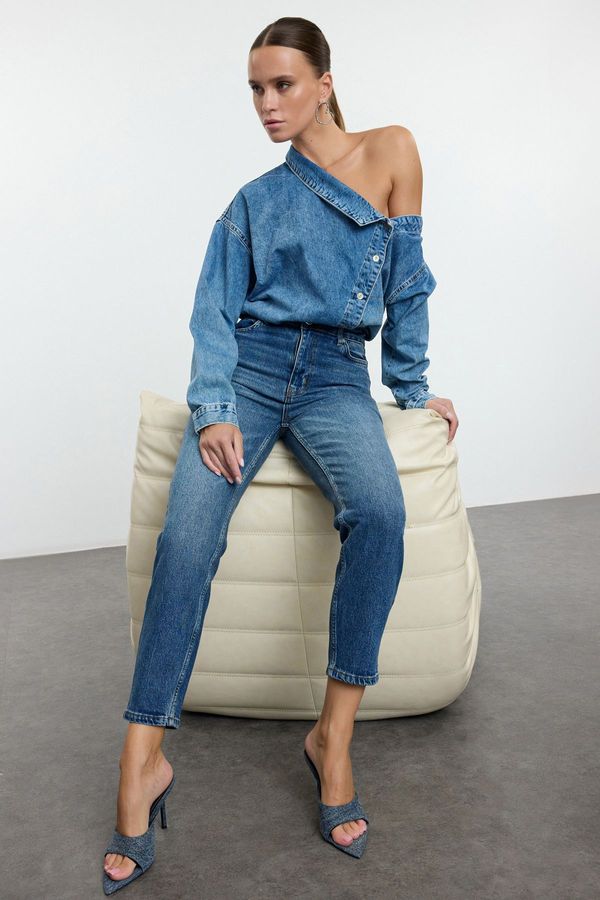 TRENDYOL DARK BLUE HIGH WAIST SLIM MOM JEANS