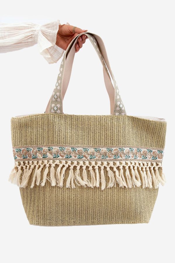 LARGE WOVEN BEACH BAG WITH FRINGE, GREEN MISSALORI