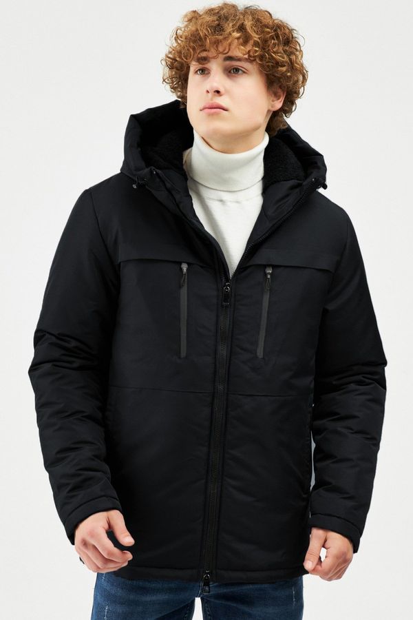 RIVER CLUB MEN'S BLACK FIBER INNER WATER AND WINDPROOF HOODED WINTER JACKETS & COATS & PARKA