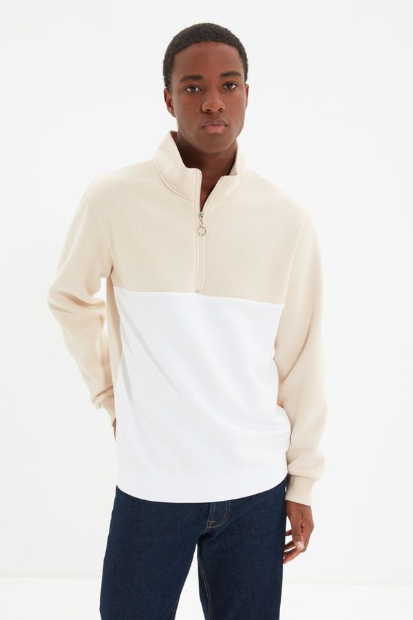 TRENDYOL BEIGE REGULAR/NORMAL CUT STAND-UP COLLAR PANELED ZIPPER INSIDE FLEECE/WARM SWEATSHIRT