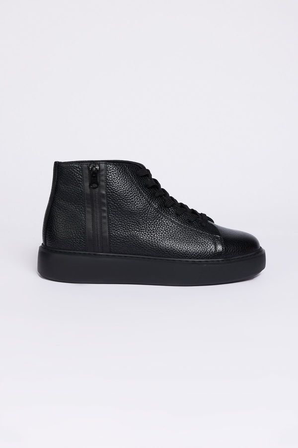 ALTINYILDIZ CLASSICS MEN'S BLACK 100% LEATHER LACED AND ZIPPERED COMFORTABLE SOLE COLD PROTECTION BOOTS