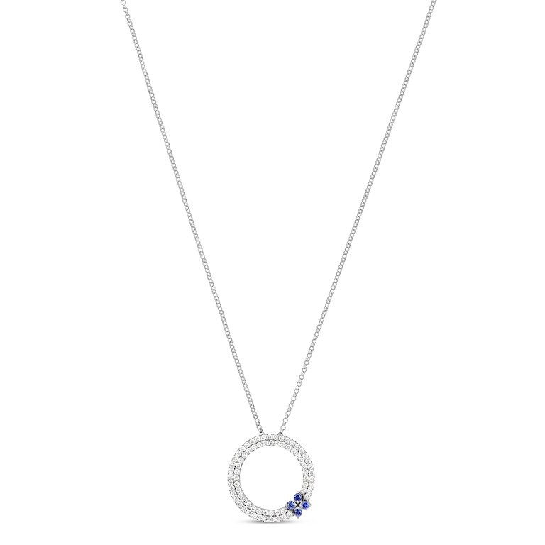 Love in Verona 18k white gold circle of life pendant with diamonds and single flower in blue sapphires